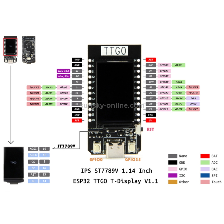 Ttgo T 디스플레이 4mb Esp32 와이파이 블루투스 모듈 Arduino 용 114 인치 개발 보드