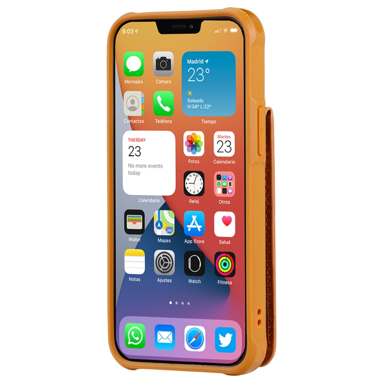 Iphone 12 미니 세로 플립 지갑 충격 방지 후면 커버 홀더 및 카드 슬롯 및 끈 및 사진 프레임이있는 보호 케이스 브라운