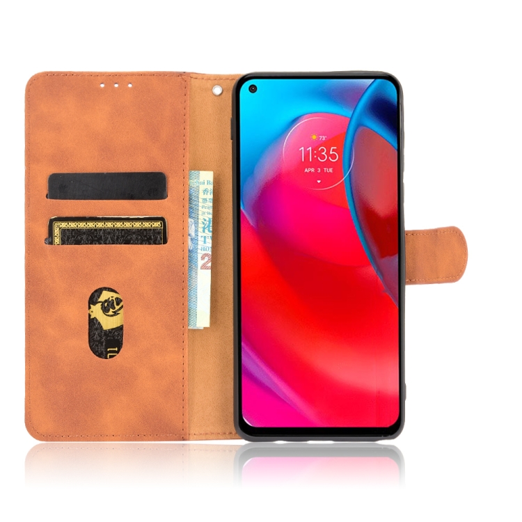 모토로라 모토 G 스타일러스 5g 솔리드 컬러 스킨 느낌 자기 버클 수평 플립 송아지 질감 Pu 가죽 케이스 홀더 및 카드 슬롯 및 지갑 브라운