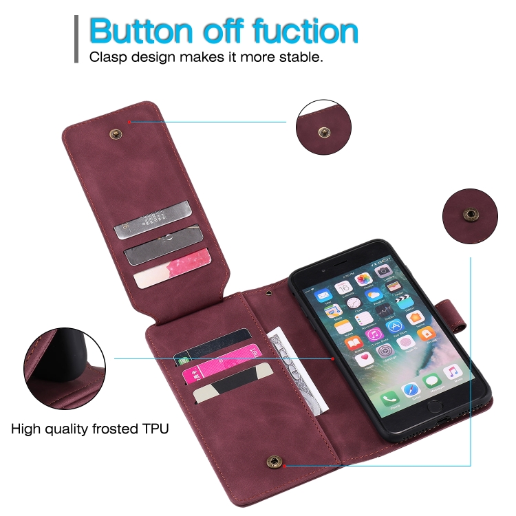 Iphone Se 2022 Se 2020 8 7용 스킨 필 비즈니스 수평 플립 Pu 가죽 케이스홀더 및 멀티 카드 슬롯 및 지갑 및 끈 및 포토 프레임 포함빨간색