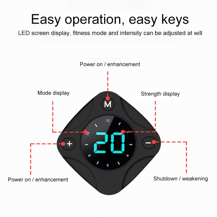 Fm87 Usb 자기 충전 Ems 전기 근육 자극기 복부 근육 스티커와 Led 디지털 디스플레이 및 왼쪽 및 오른쪽 팔 스티커