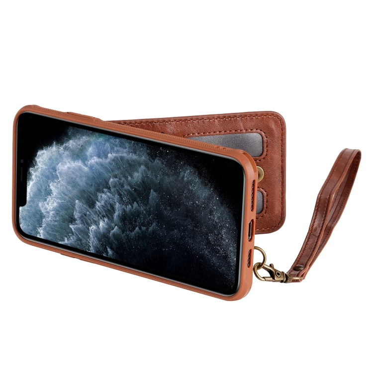 Iphone 11 Pro Max 세로형 플립 지갑용 충격 방지 백 커버 홀더 및 카드 슬롯이 있는 보호 케이스 및 끈 및 사진 프레임커피