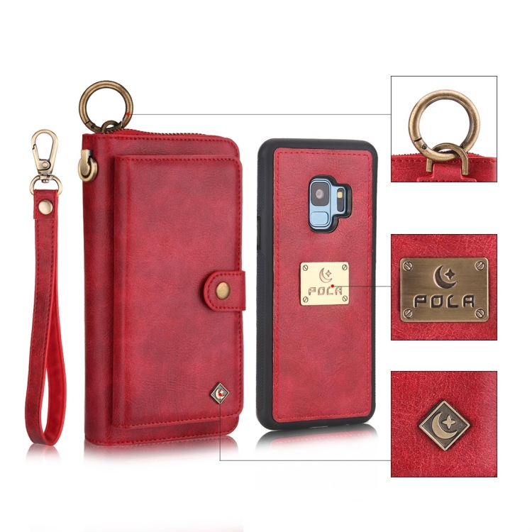 갤럭시 S9 Pola 다기능 패션 지퍼 마그네틱 수평 플립 가죽 케이스 카드 슬롯 및 지갑 및 사진 프레임 및 끈 빨간색