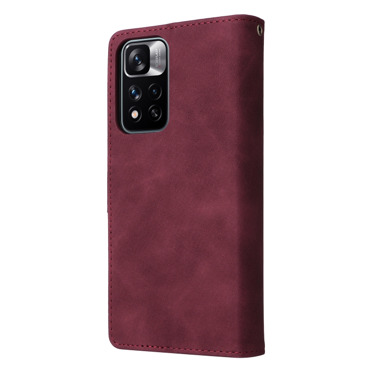 Xiaomi Redmi Note 11 Pro China 다기능 프로스트 지퍼 지갑 지갑 가죽 전화 케이스 (Wine Red)