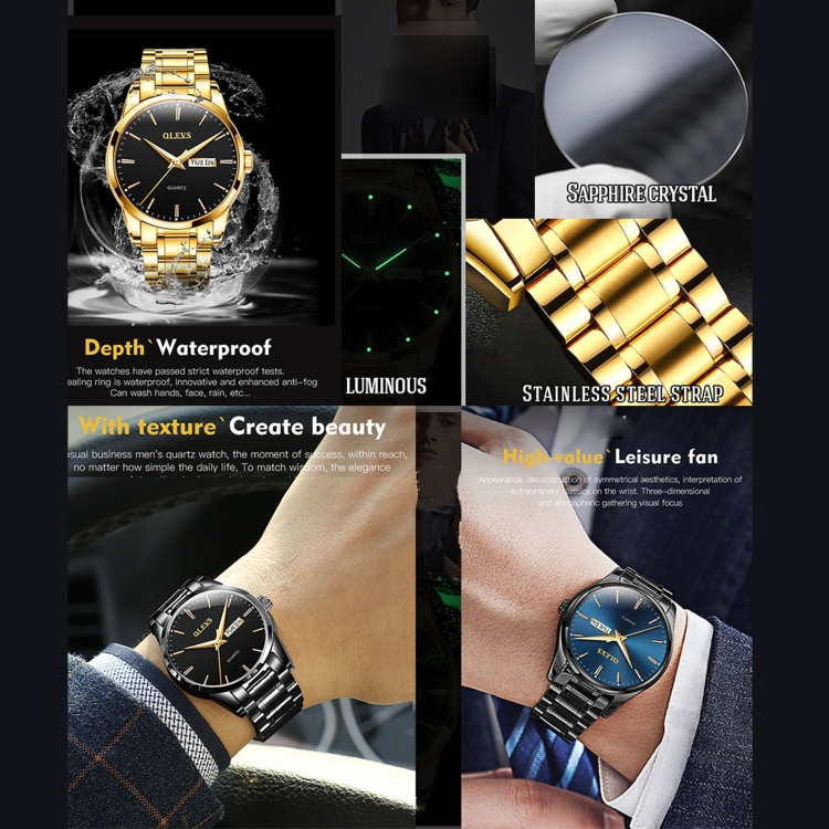 OLEVS 6898 Men Waterproof Luminous Steel Watch Band Quartz Watch(Gold ...