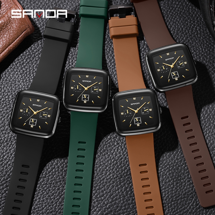Sanda 1112 Square Six Hand Dial Electronic Quartz Watch (กาแฟ)