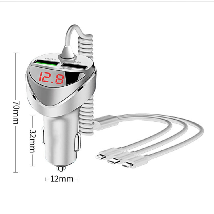 C68 LED Digital Display QC3.0 Fast Car Charger 3 in 1 with Spring Cable ...