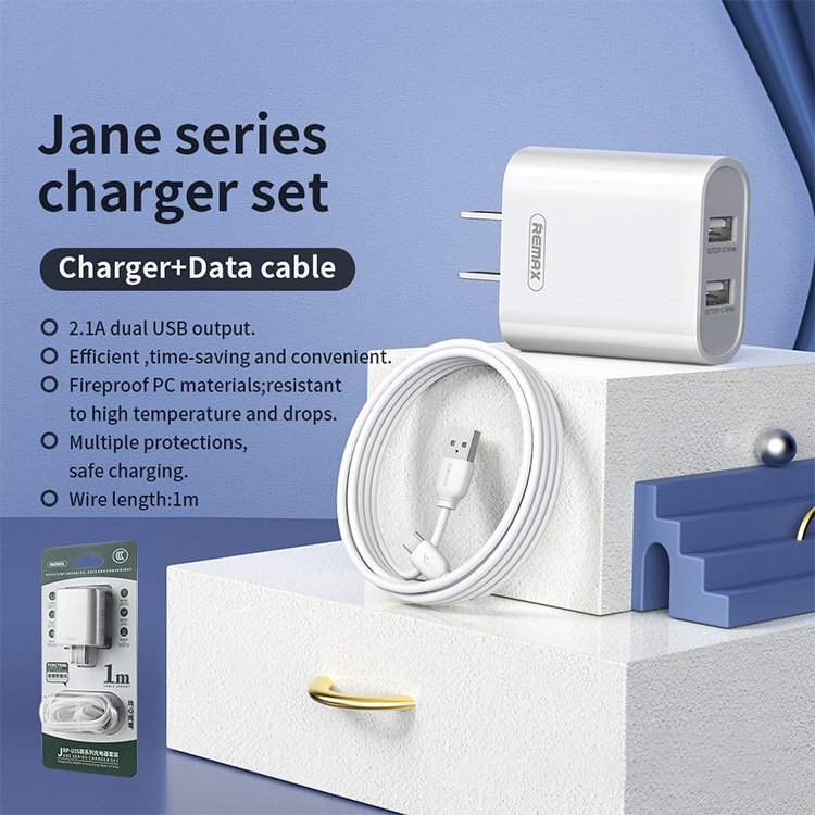 REMAX RP-U35 Jane Series 2.1A Dual USB Port Fast Charger Set, สายเคเบิล:ไมโคร USB (ปลั๊กสหภาพยุโรป)