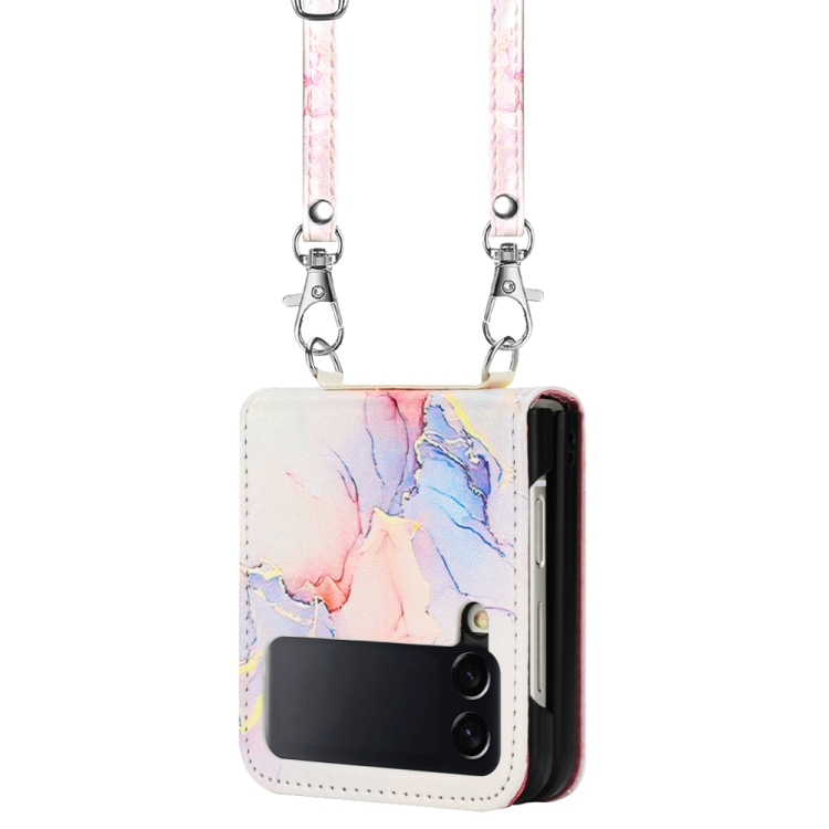 삼성 Galaxy Z Flip3 5G Crossbody 대리석 패턴 가죽 전화 케이스 (Galaxy Marble White LS004)