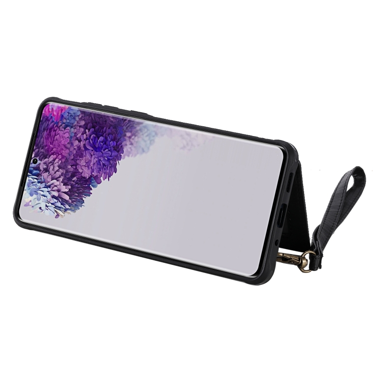 갤럭시 S20 울트라 충격 방지 수평 플립 보호 케이스 홀더 및 카드 슬롯 및 지갑 및 포토 프레임 및 짧은 끈 블랙