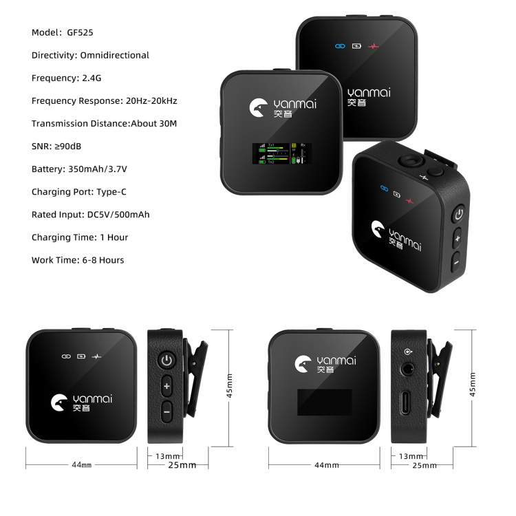 Yanmai GF525 2 in 1 Broadcast 2.4G Wireless Lavalier Microphone Mini ...