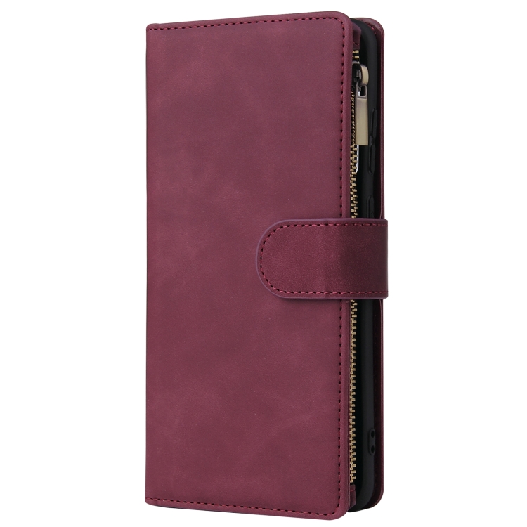 갤럭시 S20 울트라 다기능 수평 플립 가죽 케이스 카드 슬롯 및 홀더 및 지퍼 지갑 및 포토 프레임 레드 와인