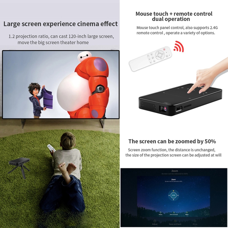 S90 DLP Android 9.0 1GB + 8GB 4K Mini WiFi Smart Projector, ปลั๊กไฟ ...