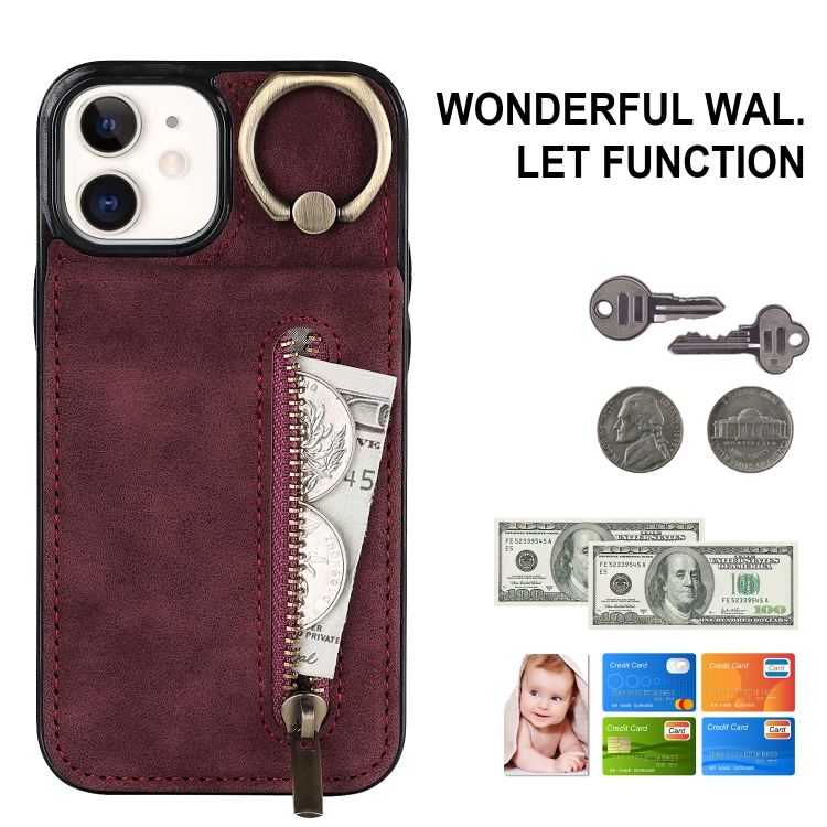 สำหรับ iPhone 12 Retro Ring และซิป RFID Card Slot Phone Case (ไวน์แดง)