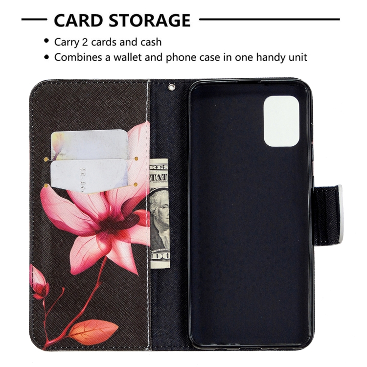 삼성 갤럭시 A31 컬러 드로잉 패턴 가로 플립 가죽 케이스 홀더 및 카드 슬롯 및 지갑로터스