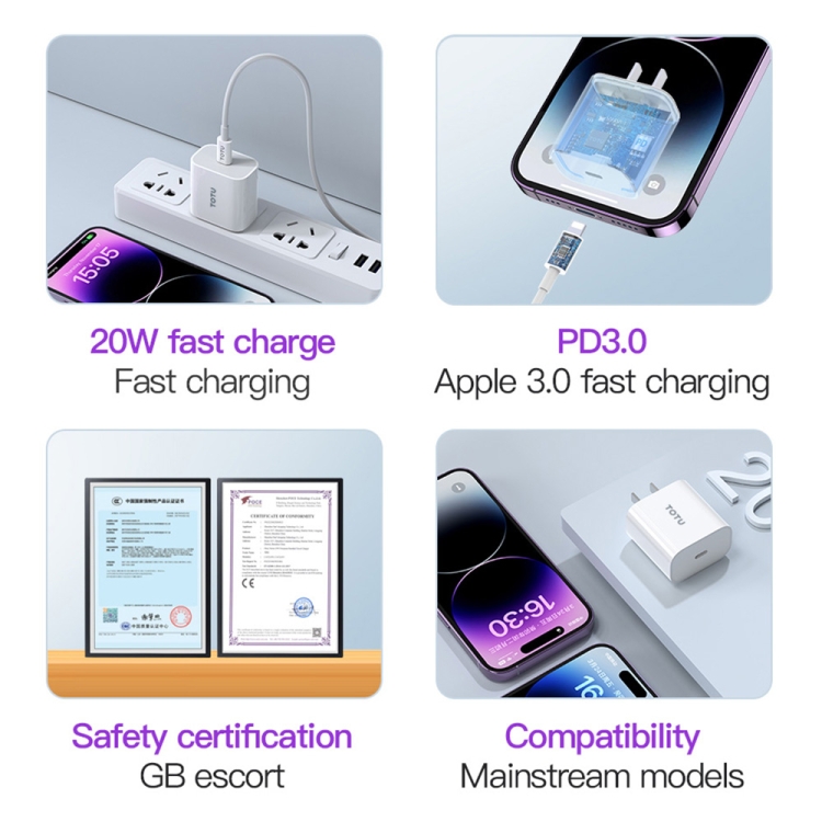 TOTU ZC32 PD 20W Type-C Port Charger with Type-C to 8 Pin Data Cable ...