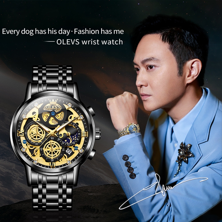 OLEVS 9947 Men Multifunctional Hollow Waterproof Quartz Watch(Black)