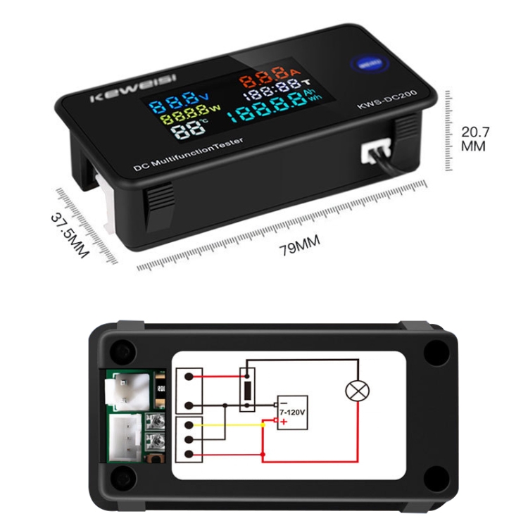 KWS-DC200-50A 8-120V DC จอแสดงผลแรงดันไฟฟ้าปัจจุบันนาฬิกาพร้อม Shunt (สีดำ)