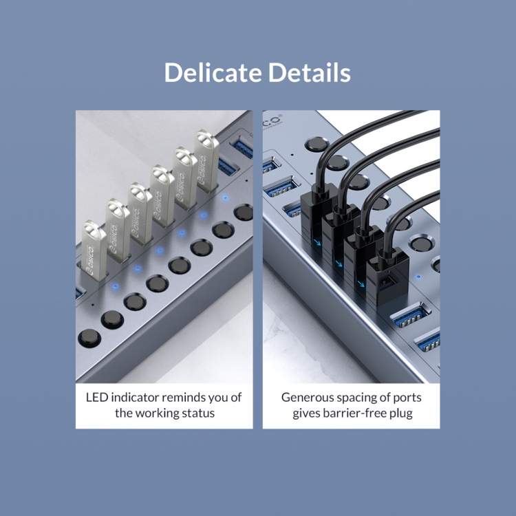 ORICO BT2U3-7AB-GY-BP HUB USB 3.0 de 7 puertos con interruptores indi