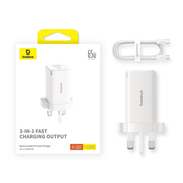 Baseus GaN5 Pro 65W USB-C / Type-Cx2 + USB Gallium Nitride Fast Charger with 1m Type-C Cable, UK ...