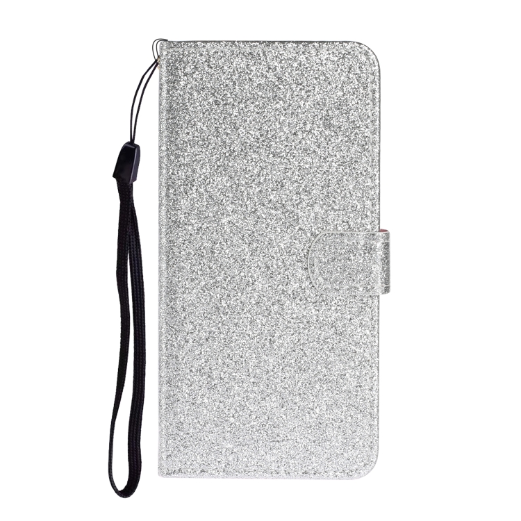 화웨이 P 스마트 2020 반짝이 파우더 수평 플립 가죽 케이스 카드 슬롯 및 홀더 및 사진 프레임 및 지갑 및 끈 실버
