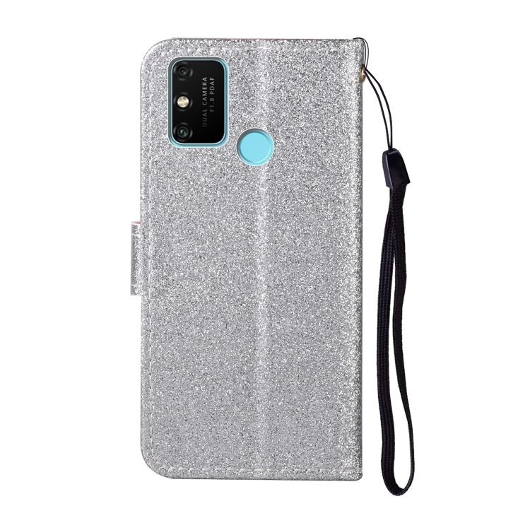 화웨이 P 스마트 2020 반짝이 파우더 수평 플립 가죽 케이스 카드 슬롯 및 홀더 및 사진 프레임 및 지갑 및 끈 실버