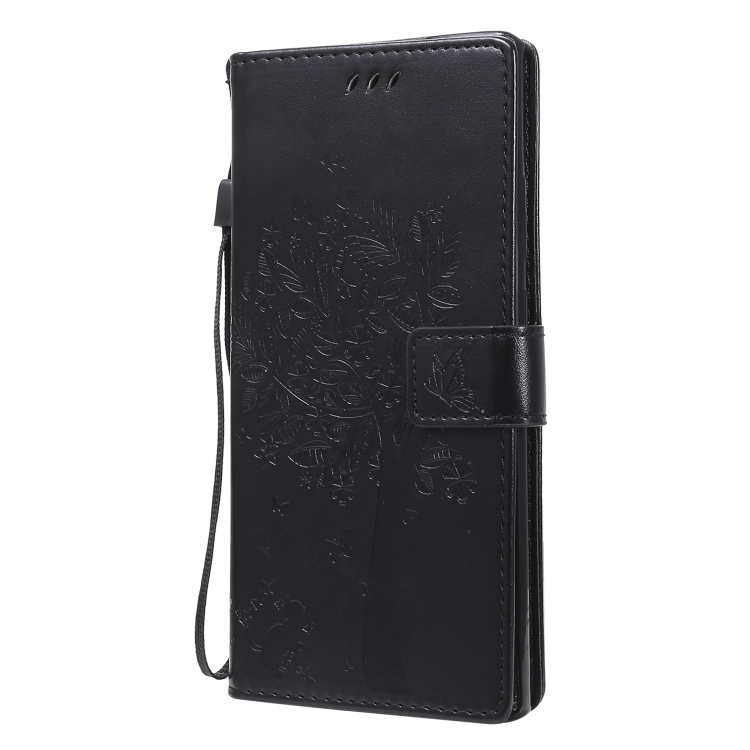 삼성 갤럭시 노트 20 울트라 트리 및 고양이 패턴 프레스 인쇄 가로 플립 Pu 가죽 케이스 홀더 및 카드 슬롯 및 지갑 및 끈 블랙
