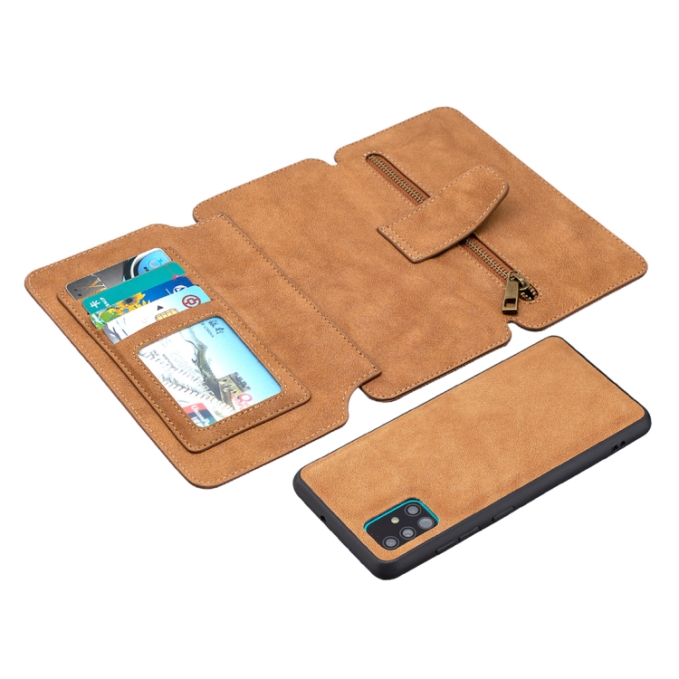 삼성 갤럭시 A51 분리형 프로스트 마그네틱 수평 플립 가죽 케이스 카드 슬롯 및 홀더 및 지퍼 지갑 및 포토 프레임 브라운