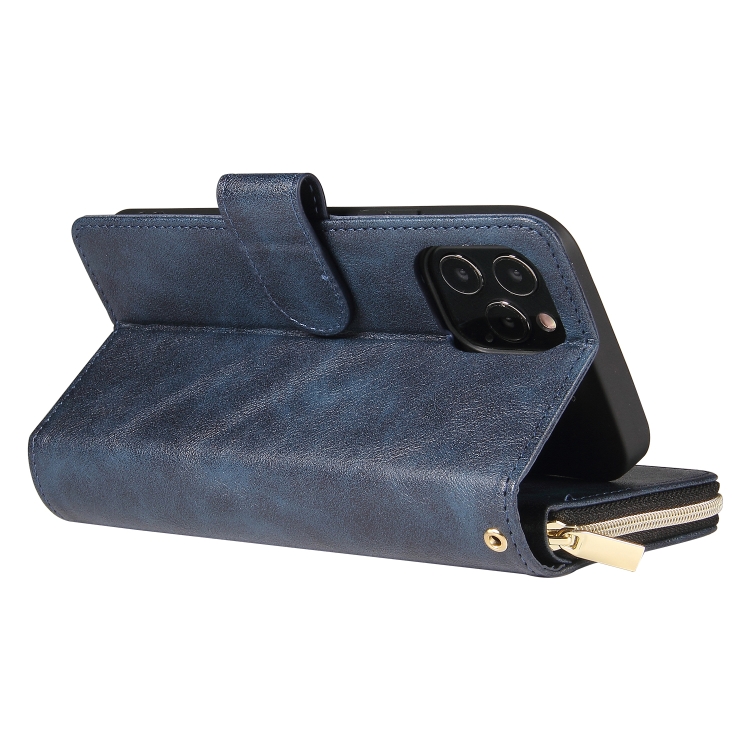 Iphone 12 Pro Max 지퍼 지갑 가방 홀더 및 9 카드 슬롯 및 지갑 및 끈 및 사진 프레임이있는 수평 뒤집기 Pu 가죽 케이스 파란색