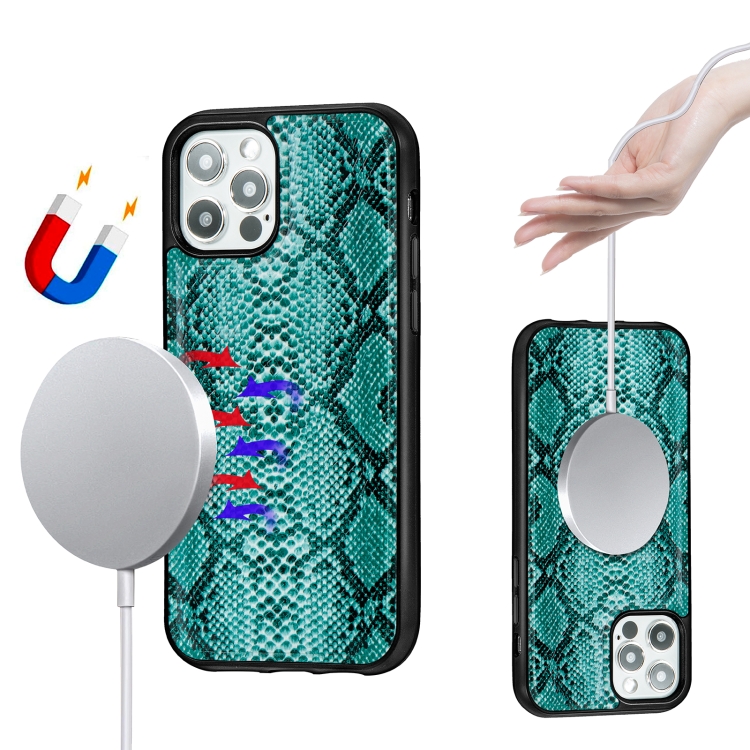 สำหรับ iPhone 12 mini Python Texture Embossing Magnetic PU + TPU ป้องกัน Magsafe Case (สีเขียว)