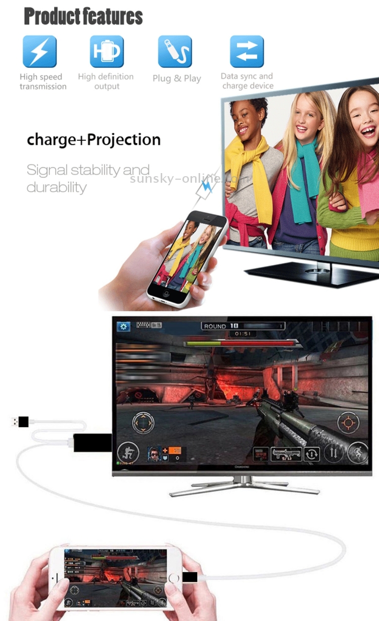 CA01i 2m 8 Pin to HDMI 1.4 HDTV AV Adapter Cable with USB Charging ...