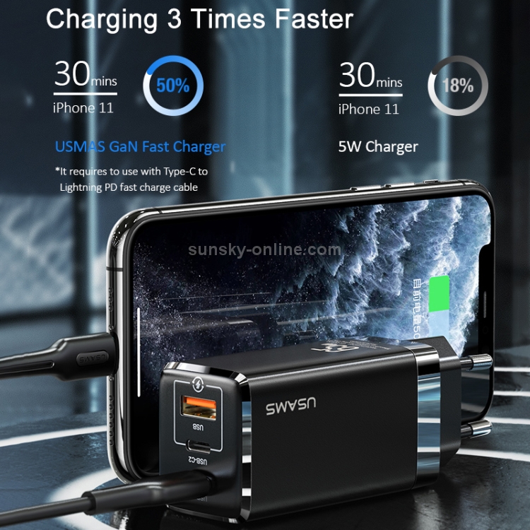 USAMS US-CC110 T33 65W Mini GaN สามพอร์ตชาร์จเร็ว USB Charger Power Adapter, ปลั๊ก EU (สีดำ)