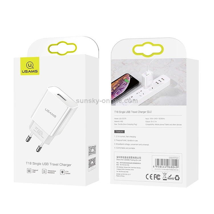 USAMS US-CC075 T18 2.1A Chargeur de voyage USB simple, prise UE (blanc)