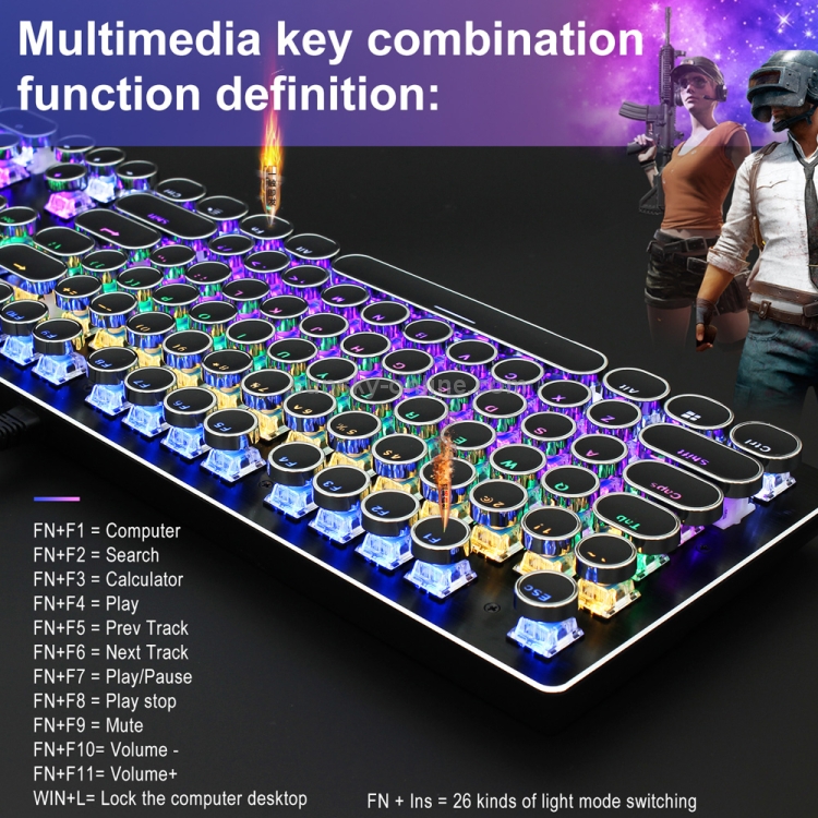 HXSJ V800 Punk Round Cap 104 Keys Colorful Backlit Blue Axis Mechanical ...