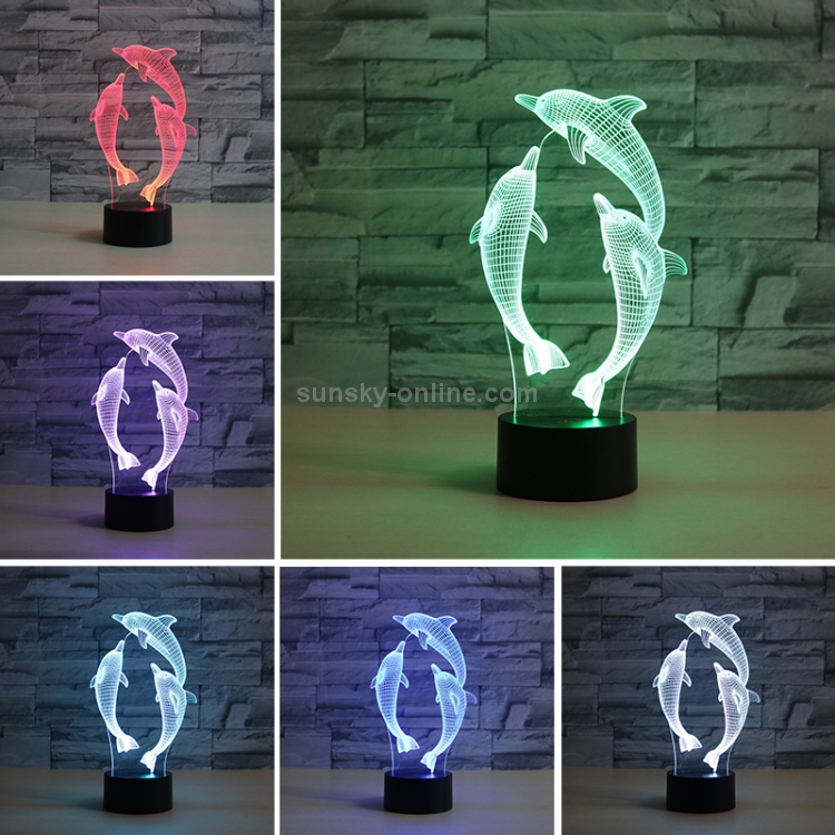 Three Dolphins Shape 3D Colorful LED Vision Light Table Lamp, Charging ...