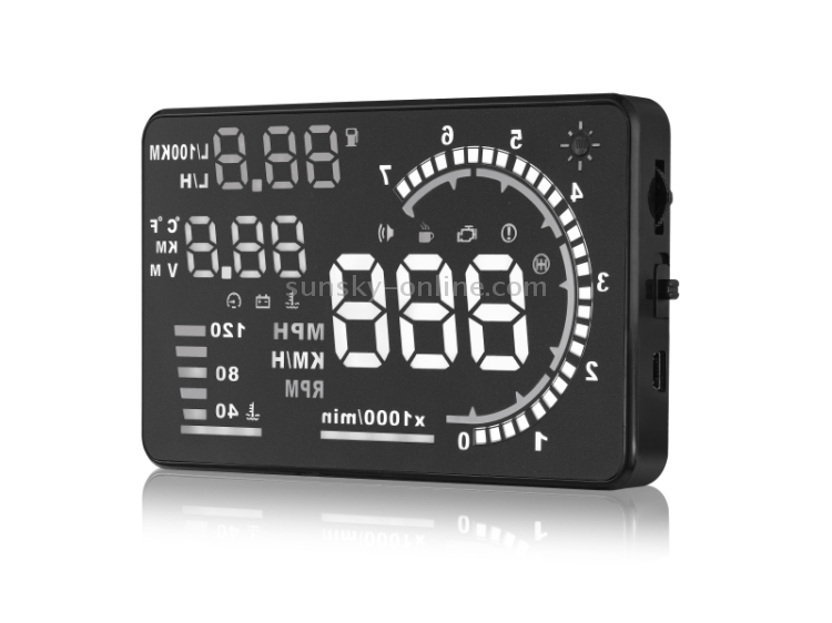 A8 55 인치 자동차 Obdii Hud 경고 시스템 Led가 장착 된 차량 탑재 헤드 업 디스플레이 프로젝터 연료 소비 및 과속 경보 및 수온 및 오류 진단 지원