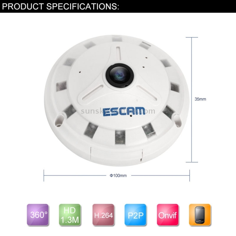 ESCAM Panarama QP130 360 Degree Fish Eye 1.3 MP 1280*1024 H.264 ONVIF ...