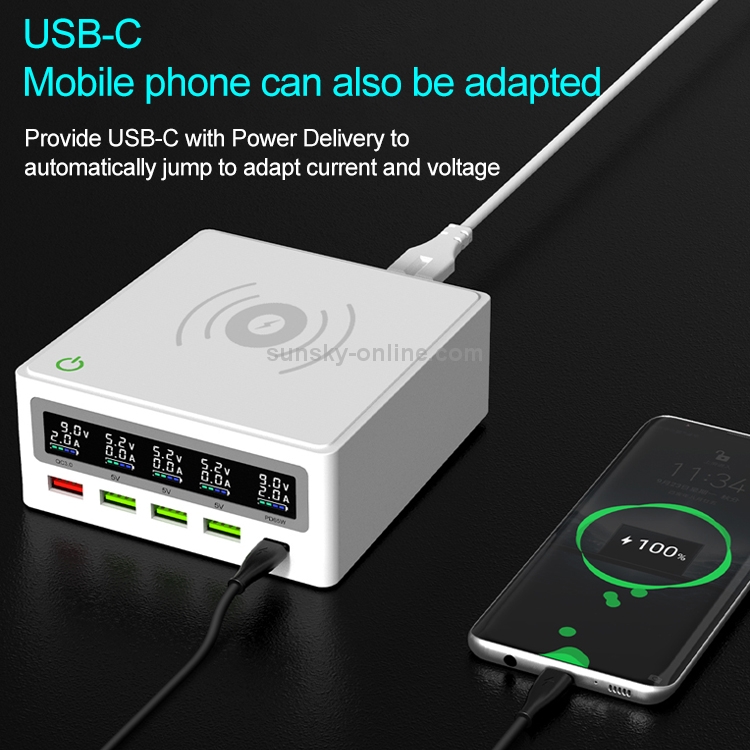 6 In 1 Qc 30 Usb 인터페이스 3 Usb 포트 Pd 65w 포트 Qi 무선 고속 충전 다기능 충전기 Led 디스플레이 포함 영국 플러그 흰색