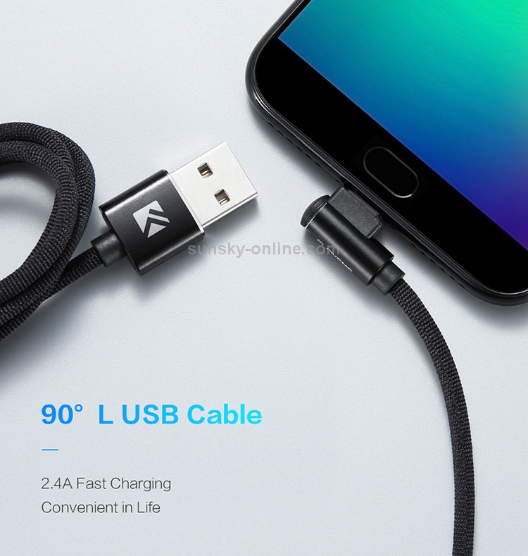 FLOVEME 1m 5V/2.4A USB to USB-C / Type-C 90 Degree Elbow L Braided Wire ...