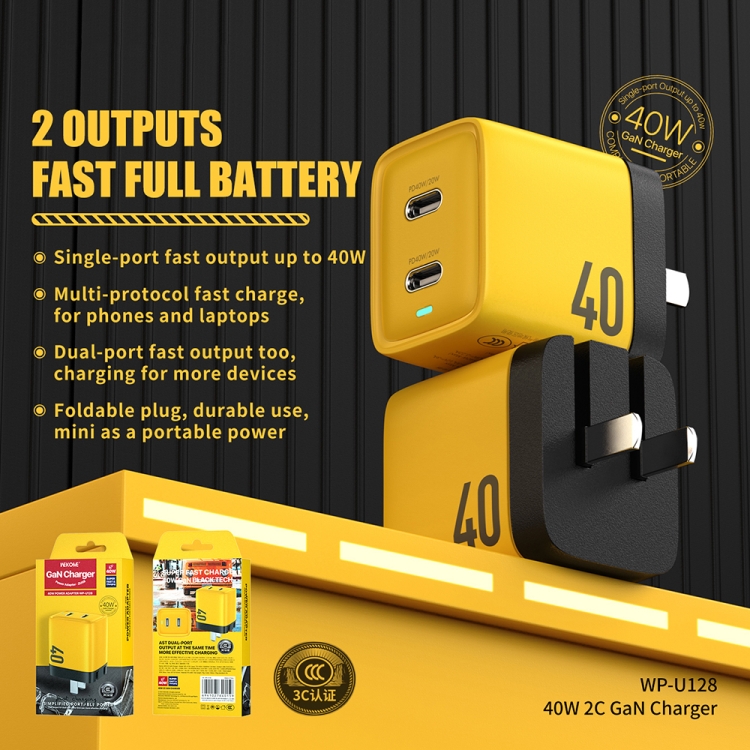 WK WP-U128 40W Dual USB-C/Type-C Interface Gallium Nitride Charger ...