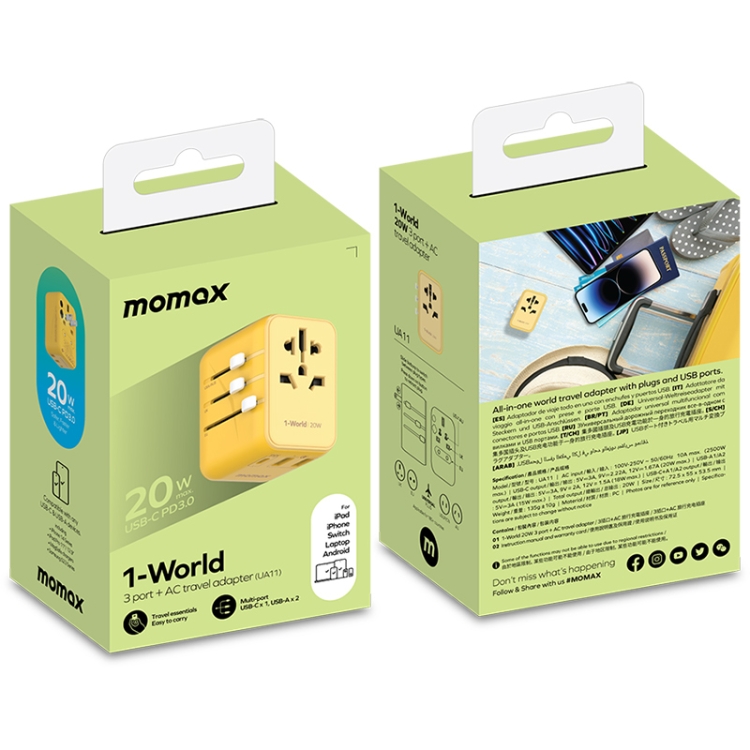 MOMAX UA11 1-World 20W PD Global Travel Fast Charger Power Adapter(Yellow)