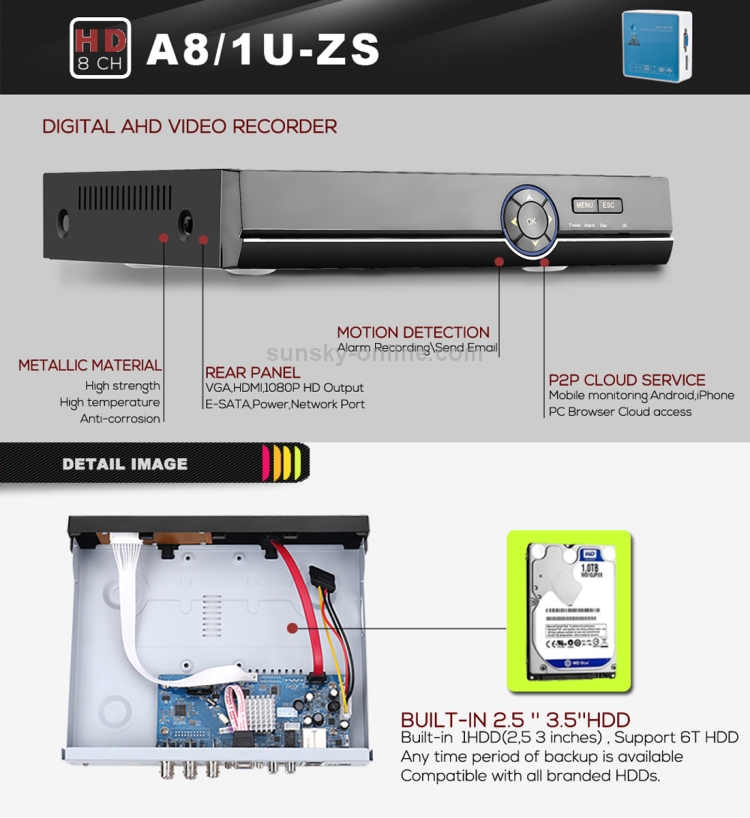 A81U-ZS 5 in 1 8 Channel Dual Stream H.264 1080N AHD DVR, Support AHD ...