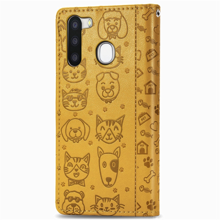 삼성 갤럭시 A21 귀여운 고양이와 강아지 양각 가로 플립 가죽 케이스 홀더 및 카드 슬롯 및 지갑 및 만화 걸쇠 및 끈 노란색
