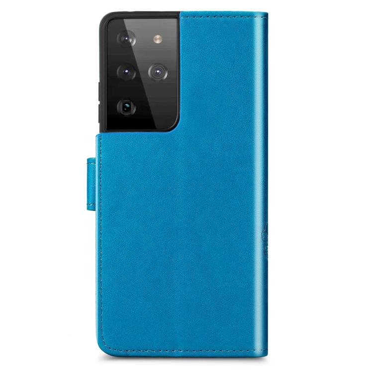 삼성 갤럭시 S30 울트라 블루에 대한 끈 및 카드 슬롯 및 지갑 및 브래킷 기능이있는 네 잎 걸쇠 양각 버클 휴대 전화 보호 가죽 케이스