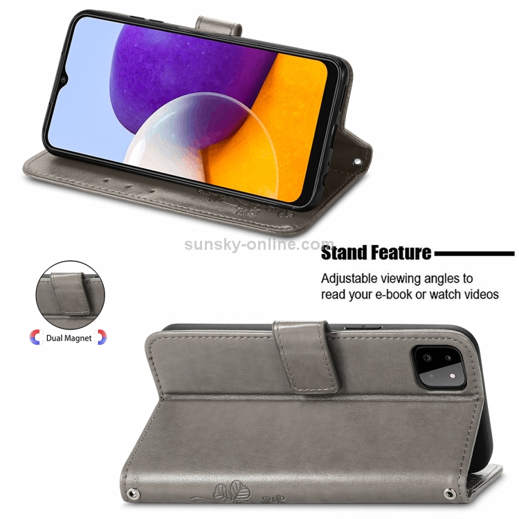 삼성 갤럭시 A22 5g 4 리프 걸쇠 용 엠보싱 버클 휴대 전화 보호 가죽 케이스 끈 및 카드 슬롯 및 지갑 및 브래킷 기능 회색