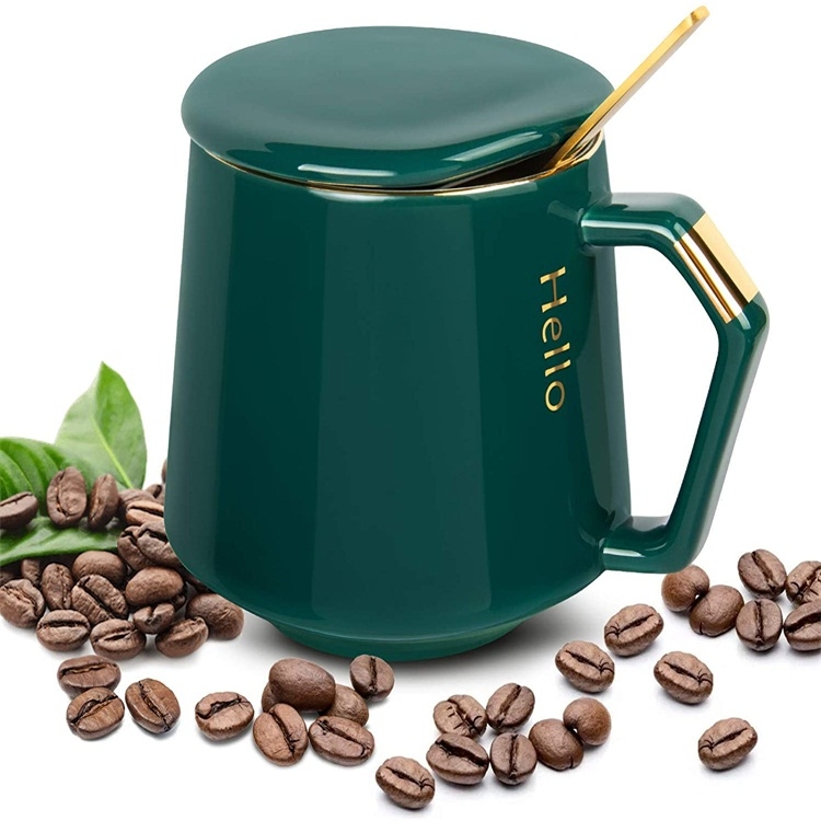 뚜껑 커피 컵 스테인레스 스틸 숟가락 12oz 380ml 차 머그잔을 가진 세라믹 녹색 머그잔