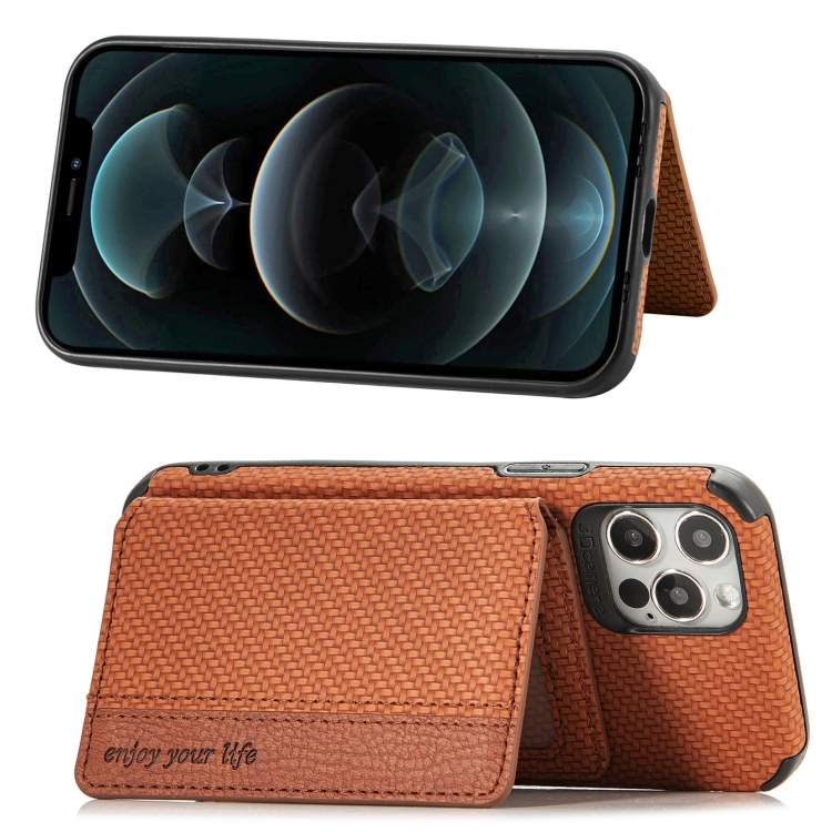 아이폰 11 탄소 섬유 자기 카드 가방 Tpu Pu 충격 방지 뒤 표지 케이스 홀더 및 카드 슬롯 및 사진 프레임 갈색