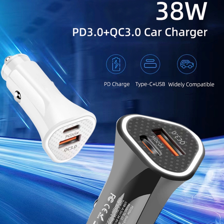 TE-P23 38W PD USB-C / TYPE-C + QC30 USB Triangle Car Charger + USB-C / Type-C ถึง 8 Pin Data ...