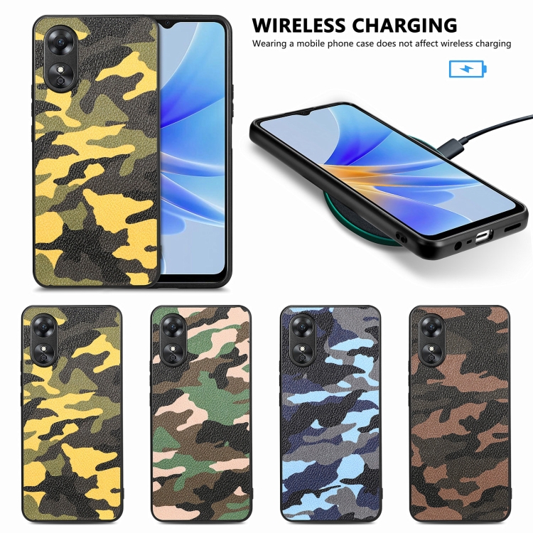 For OPPO A17 Camouflage Leather Back Cover Phone Case(Yellow)