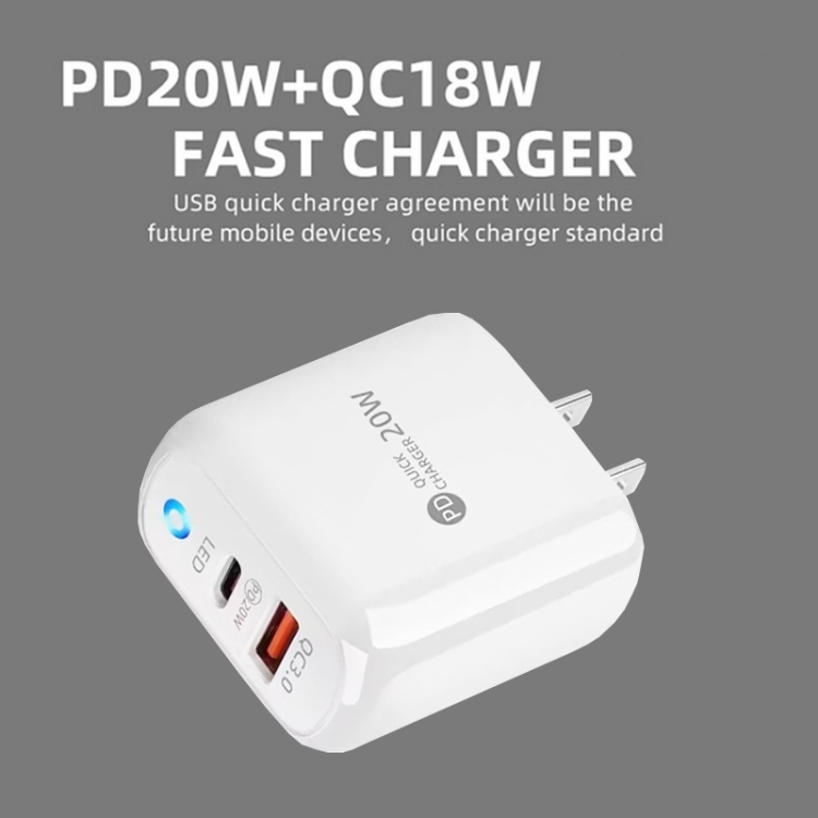 PD04 PD20W Type-C + QC18W เครื่องชาร์จโทรศัพท์มือถือ USB พร้อมไฟ LED, ปลั๊ก US (สีดำ)